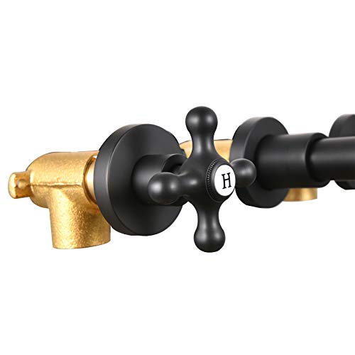 Soild Brass Wall Mounted Bathroom Vanity Sink Faucets 2 Cross Handles Brass Mixer Valve and Spout, Matte Black