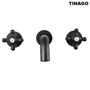 Soild Brass Wall Mounted Bathroom Vanity Sink Faucets 2 Cross Handles Brass Mixer Valve and Spout, Matte Black