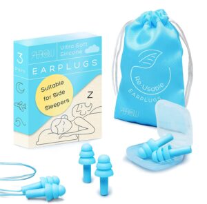 anbow soft ear plugs for sleeping noise cancelling. ear plugs for swimming, concerts, travel, work, snoring & concentration. reusable silicone earplugs with adjustable size. 3 pairs + travel pouch