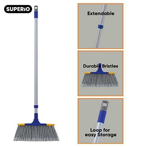 Slim Angle Broom, Heavy Duty Broom, Indoor Brom, Outdoor Angle Broom with Extendable Handle, Durable Collapsible Broom for Home, Kitchen, RV, Travel, Blue, 1 Pack, by Superio