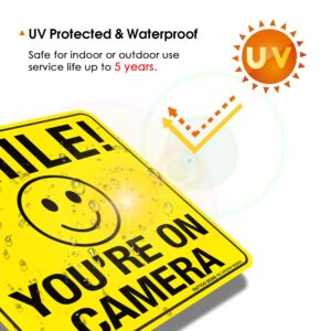 Smile You're On Camera Sign Stickers 6 Pack - 6 x 6 Inches- 4 Mil Vinyl - Laminated for Ultimate UV, Weather, Scratch, Water and Fade Resistance - Easy To Stick - Use for CCTV Security Camera