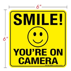 Smile You're On Camera Sign Stickers 6 Pack - 6 x 6 Inches- 4 Mil Vinyl - Laminated for Ultimate UV, Weather, Scratch, Water and Fade Resistance - Easy To Stick - Use for CCTV Security Camera