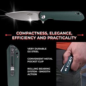 Ganzo Firebird FH41-GB Pocket Folding Knife D2 Steel Blade Ergonomic Anti-Slip G10 Handle with Clip Camping Hunting Fishing Gear Outdoor Folder EDC Pocket Knife (Green)