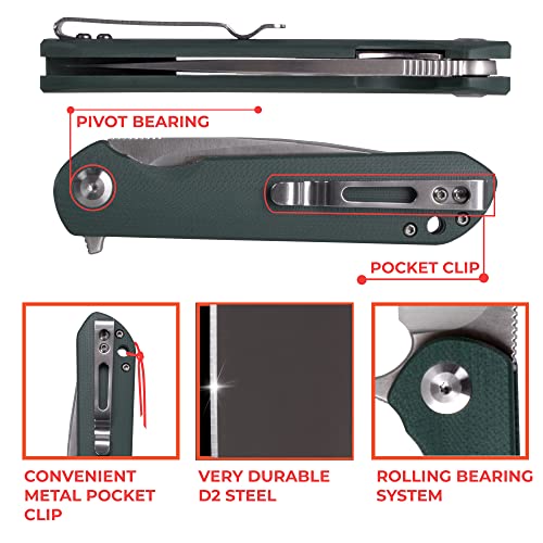 Ganzo Firebird FH41-GB Pocket Folding Knife D2 Steel Blade Ergonomic Anti-Slip G10 Handle with Clip Camping Hunting Fishing Gear Outdoor Folder EDC Pocket Knife (Green)