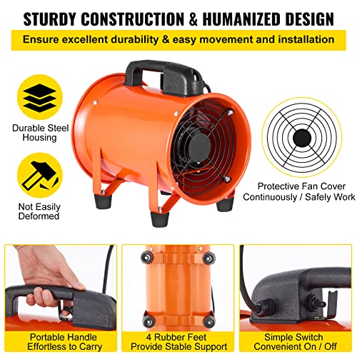 OrangeA Utility Blower Fan, 8 Inches, 230W 882 CFM High Velocity Ventilator w/ 32.8 ft/10 m Duct Hose, Portable Ventilation Fan, Fume Extractor for Exhausting & Ventilating at Home and Job Site