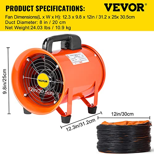 OrangeA Utility Blower Fan, 8 Inches, 230W 882 CFM High Velocity Ventilator w/ 32.8 ft/10 m Duct Hose, Portable Ventilation Fan, Fume Extractor for Exhausting & Ventilating at Home and Job Site