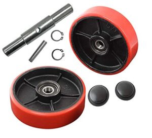 pallet jack/truck steering wheels set with axle, fasteners and protective caps (4 pcs) 7" x 2" with bearings id 20mm poly tread red