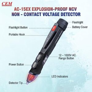 CEM AC-15EX Voltage Tester,Non-Contact Volt Tester, with Dual Range AC 12V-1000V/100V-1000V, Live/Null Wire Tester, Buzzer Alarm, Wire Breakpoint Finder, Flashlight, Ex ib IIB T4 (ATEX)