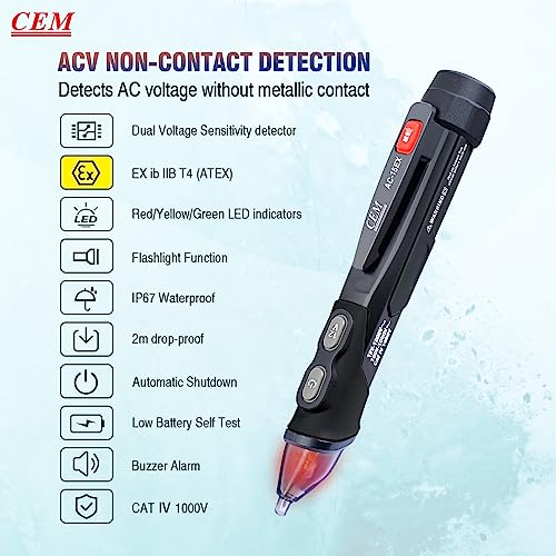 CEM AC-15EX Voltage Tester,Non-Contact Volt Tester, with Dual Range AC 12V-1000V/100V-1000V, Live/Null Wire Tester, Buzzer Alarm, Wire Breakpoint Finder, Flashlight, Ex ib IIB T4 (ATEX)