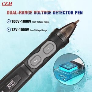 CEM AC-15EX Voltage Tester,Non-Contact Volt Tester, with Dual Range AC 12V-1000V/100V-1000V, Live/Null Wire Tester, Buzzer Alarm, Wire Breakpoint Finder, Flashlight, Ex ib IIB T4 (ATEX)