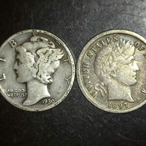 1892 to 1945 PD or S - Set of 2 coins - Mercury and Barber Dimes - 90% Silver - Different Dates from 1892 to 1945 Dimes Seller VG-08 and better