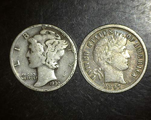 1892 to 1945 PD or S - Set of 2 coins - Mercury and Barber Dimes - 90% Silver - Different Dates from 1892 to 1945 Dimes Seller VG-08 and better