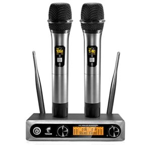 tonor wireless microphone,metal dual professional uhf cordless dynamic mic handheld microphone system for home karaoke, meeting, party, church, dj, wedding, home ktv set, 200ft(tw-820)