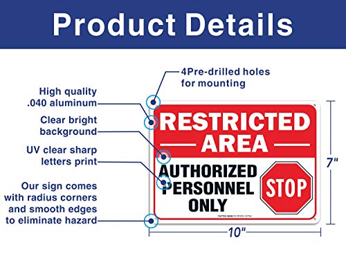 (2 pack) Restricted Area Sign Authorized Personnel Only, Do Not Enter Sign, 10 x 7 Inches .40 Rust Free Aluminum, UV Protected, Weather Resistant, Waterproof, Durable Ink，Easy To Mount