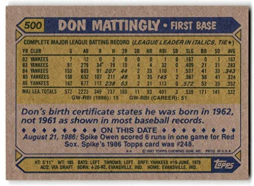 1987 Topps #500 Don Mattingly Yankees MLB Baseball Card NM-MT