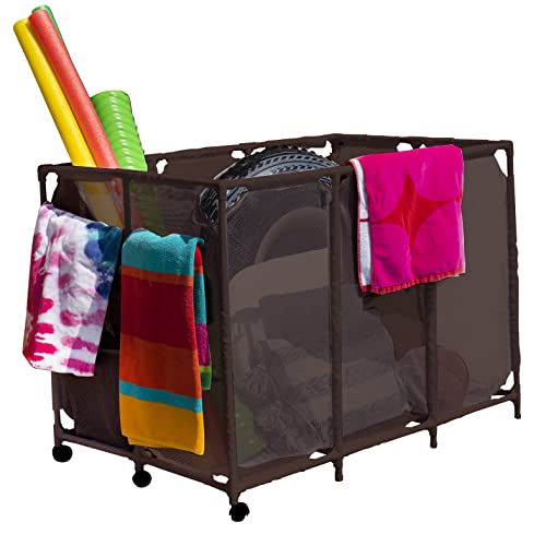 Essentially Yours Pool Noodles Holder, Toys, Floats, Balls and Floats Equipment Mesh Rolling Storage Organizer Bin, XXL, Brown Style 455119