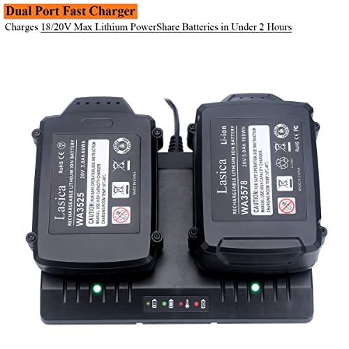 Lasica Replacement for Worx Battery 20V WA3875 Dual Fast Charger Compatible with Worx 18/20 Volt Max Lithium PowerShare Batteries WA3578 WA3525 WA3520 WA3575 WA3512 Charger WA3742 WA3770 WA3881