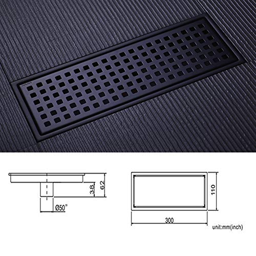 Orhemus Linear Shower Floor Drain with Removable Cover Grid Grate 12 inch Long Rectangle, SUS 304 Stainless Steel Matte Black Plated Finish