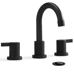 phiestina 8 inch 3-hole low-arch 2-handle widespread bathroom faucet with valve and metal pop-up drain assembly,matte black, wf15-1-mb