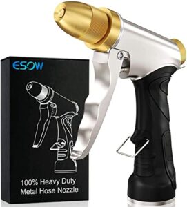 esow garden hose nozzle 100% heavy duty metal, full brass nozzle & abs non-slip ergonomic grip, 4 watering patterns, high pressure metal spray gun for watering plants, car wash and showering dog