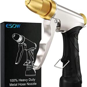 ESOW Garden Hose Nozzle 100% Heavy Duty Metal, Full Brass Nozzle & ABS Non-slip Ergonomic Grip, 4 Watering Patterns, High Pressure Metal Spray Gun for Watering Plants, Car Wash and Showering Dog