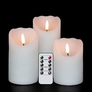 eldnacele flameless flickering candles with remote timer, 3d wick real wax battery operated white pillar candles with remote set of 3 for home wedding party christmas decoration (d3” x h4”5”6”)