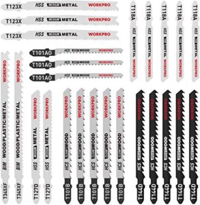 workpro 25-piece t-shank jig saw blade set with storage case, made with hcs/hss/bim, assorted blades for wood, plastic and metal cutting