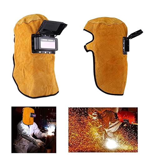 Yellow Welding Helmet Protective Gear Mask Work Cap, Cowhide Leather Welder Hood with Neck Shoulder Drape,Solar Auto Darkening Filter Lens (Full head)