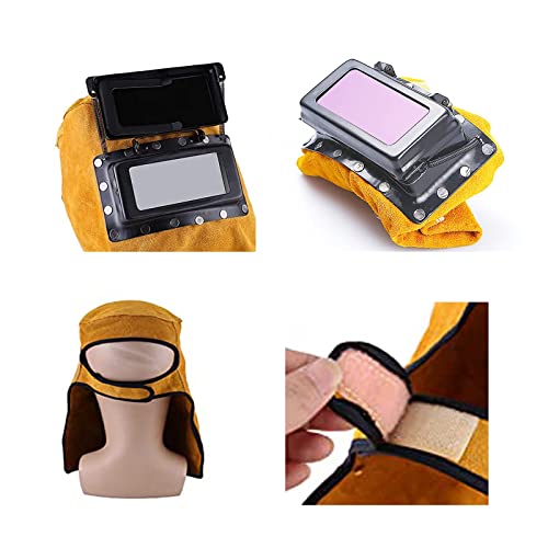 Yellow Welding Helmet Protective Gear Mask Work Cap, Cowhide Leather Welder Hood with Neck Shoulder Drape,Solar Auto Darkening Filter Lens (Full head)