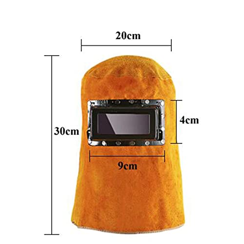 Yellow Welding Helmet Protective Gear Mask Work Cap, Cowhide Leather Welder Hood with Neck Shoulder Drape,Solar Auto Darkening Filter Lens (Full head)