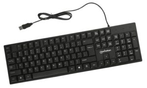 manhattan wired computer keyboard – basic black keyboard - with 4.5ft usb-a cable, 104-keys, foldable stands - compatible for windows, pc, laptop - 3 yr mfg warranty – 179324