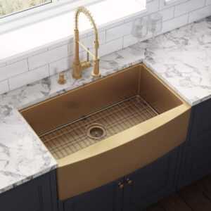 Ruvati Brass Tone 33-inch Apron-Front Farmhouse Kitchen Sink - Matte Gold Stainless Steel Single Bowl - RVH9733GG