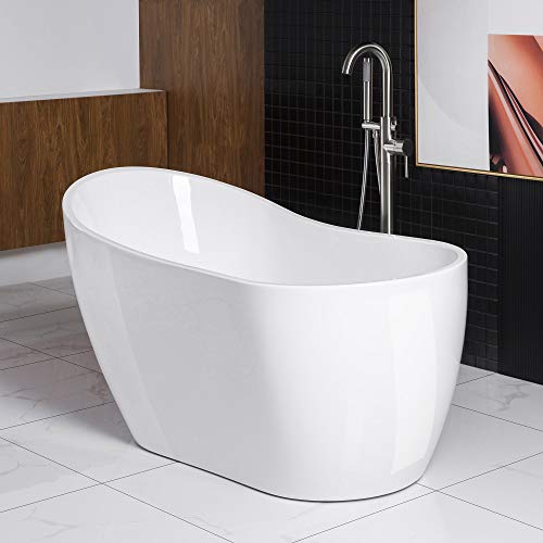 WOODBRIDGE Acrylic Freestanding Contemporary Soaking Tub with Brushed Nickel Overflow and Drain, B-0006 / BTA1507, 54" Bathtub White