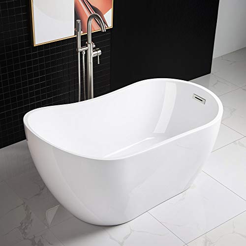 WOODBRIDGE Acrylic Freestanding Contemporary Soaking Tub with Brushed Nickel Overflow and Drain, B-0006 / BTA1507, 54" Bathtub White