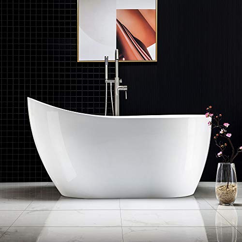 WOODBRIDGE Acrylic Freestanding Contemporary Soaking Tub with Brushed Nickel Overflow and Drain, B-0006 / BTA1507, 54" Bathtub White