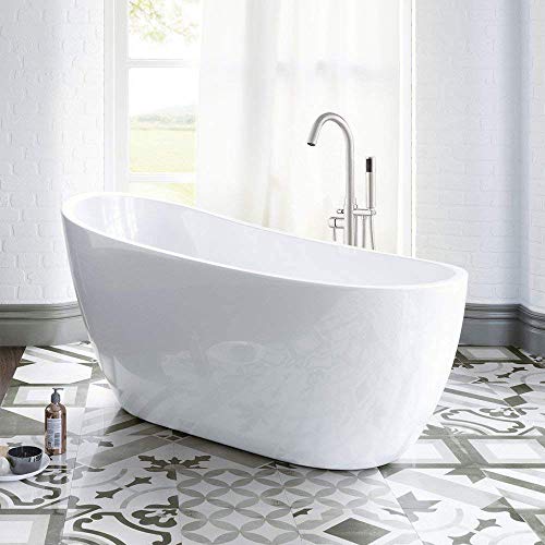 WOODBRIDGE Acrylic Freestanding Contemporary Soaking Tub with Brushed Nickel Overflow and Drain, B-0006 / BTA1507, 54" Bathtub White