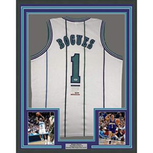 framed autographed/signed muggsy bogues 33x42 charlotte white basketball jersey psa/dna coa