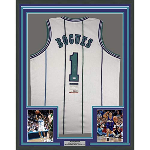 Framed Autographed/Signed Muggsy Bogues 33x42 Charlotte White Basketball Jersey PSA/DNA COA