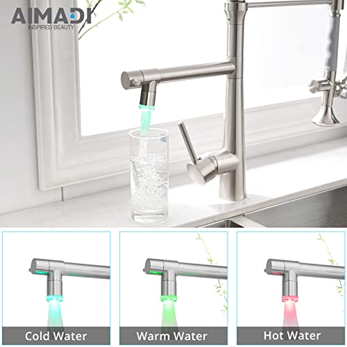 AIMADI Pull Down Kitchen Faucet with Sprayer,Commercial Single Handle Stainless Steel Brushed Nickel Kitchen Sink Faucet with LED Light