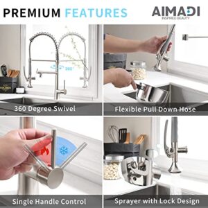 AIMADI Pull Down Kitchen Faucet with Sprayer,Commercial Single Handle Stainless Steel Brushed Nickel Kitchen Sink Faucet with LED Light