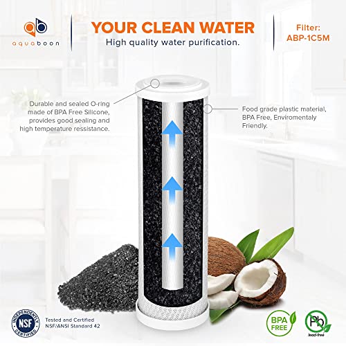 Aquaboon Universal 5 Micron 10 x 2.5 inch Cartridge | Premium Whole House Replacement Water Filter Cartridge | Coconut Shell Activated Carbon Block CTO | Compatible with Whirlpool WHA2BF5, 3 Pack