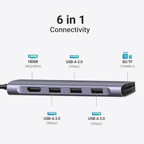 UGREEN Revodok 106 USB C Hub 6 in 1 USB C Dongle 4K HDMI, 3 USB 3.0 Ports, SD/TF Card Reader Compatible with MacBook Pro, MacBook Air, iPad, iPhone 15 Pro/Pro Max. Grey