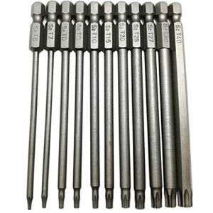 ydlqwcz long torx security head screwdriver drill set 1/4 inch hex shank t6 t7 t8 t9 t10 t15 t20 t25 t27 t30 t40 11 pieces 4 inch length s2 steel torx screwdriver bit set (11pcs torx head 100mm)