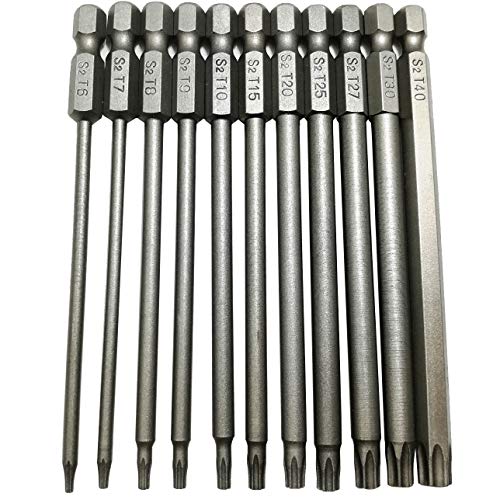 YDLQWCZ Long Torx Security Head Screwdriver Drill Set 1/4 Inch Hex Shank T6 T7 T8 T9 T10 T15 T20 T25 T27 T30 T40 11 Pieces 4 Inch Length S2 Steel Torx Screwdriver Bit Set (11pcs Torx Head 100mm)