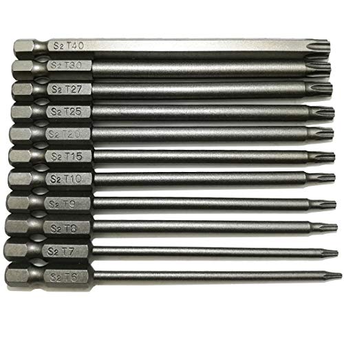 YDLQWCZ Long Torx Security Head Screwdriver Drill Set 1/4 Inch Hex Shank T6 T7 T8 T9 T10 T15 T20 T25 T27 T30 T40 11 Pieces 4 Inch Length S2 Steel Torx Screwdriver Bit Set (11pcs Torx Head 100mm)