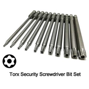 YDLQWCZ Long Torx Security Head Screwdriver Drill Set 1/4 Inch Hex Shank T6 T7 T8 T9 T10 T15 T20 T25 T27 T30 T40 11 Pieces 4 Inch Length S2 Steel Torx Screwdriver Bit Set (11pcs Torx Head 100mm)