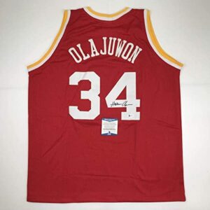 autographed/signed hakeem olajuwon houston red basketball jersey beckett bas coa