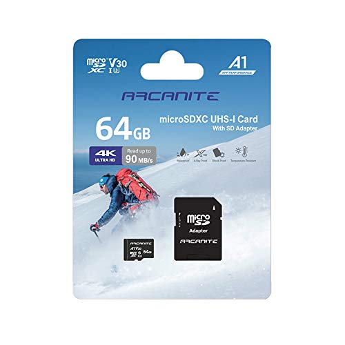 ARCANITE 64GB microSDXC Memory Card with Adapter - A1, UHS-I U3, V30, 4K, C10, Micro SD, Optimal Read speeds up to 90 MB/s