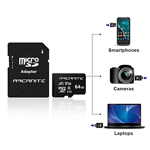 ARCANITE 64GB microSDXC Memory Card with Adapter - A1, UHS-I U3, V30, 4K, C10, Micro SD, Optimal Read speeds up to 90 MB/s