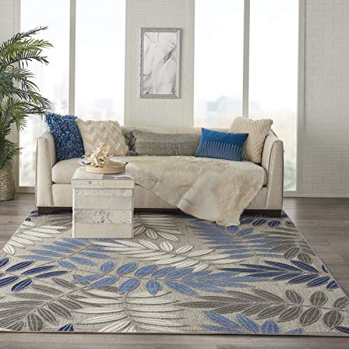 Nourison Aloha Indoor/Outdoor Grey/Blue 7'10" x 10'6" Area Rug, Easy Cleaning, Non Shedding, Bed Room, Living Room, Dining Room, Backyard, Deck, Patio (8x11)